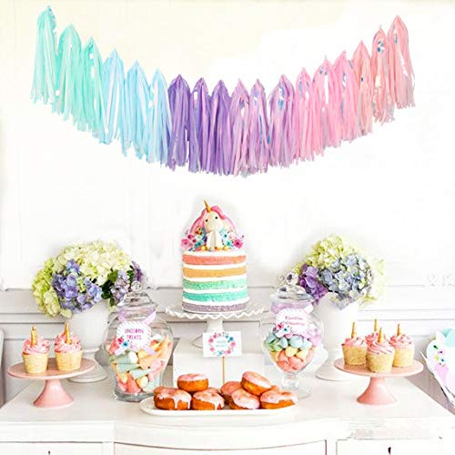 Fonder Mols Rainbow Tissue Paper Tassel Garland DIY Kit (40pcs, Blush, Mint, Aqua, Lilac and Orchid All Mixed with Iridescent Mylar) for Spring, Candy, Easter, Unicorn Party Decorations A33