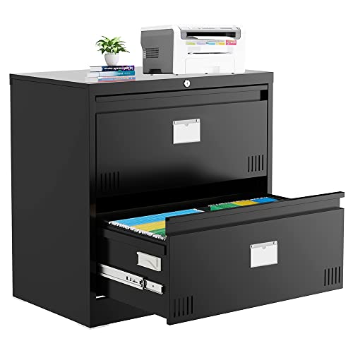 Lateral File Cabinet with Lock, 2 Drawer Filing Vertical Cabinet, Metal Horizontal File Cabinet with Card Slot for Home Office, Lockable Lateral Storage Filing Cabinet for Hanging Letter/Legal