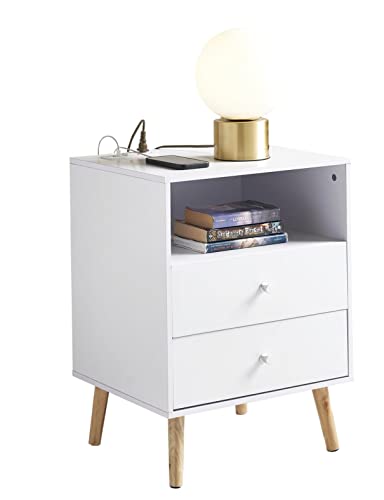 OBRICOL Night Stand,Charging Station Side Table, Functional End Table for Bedroom,Living Room (White)