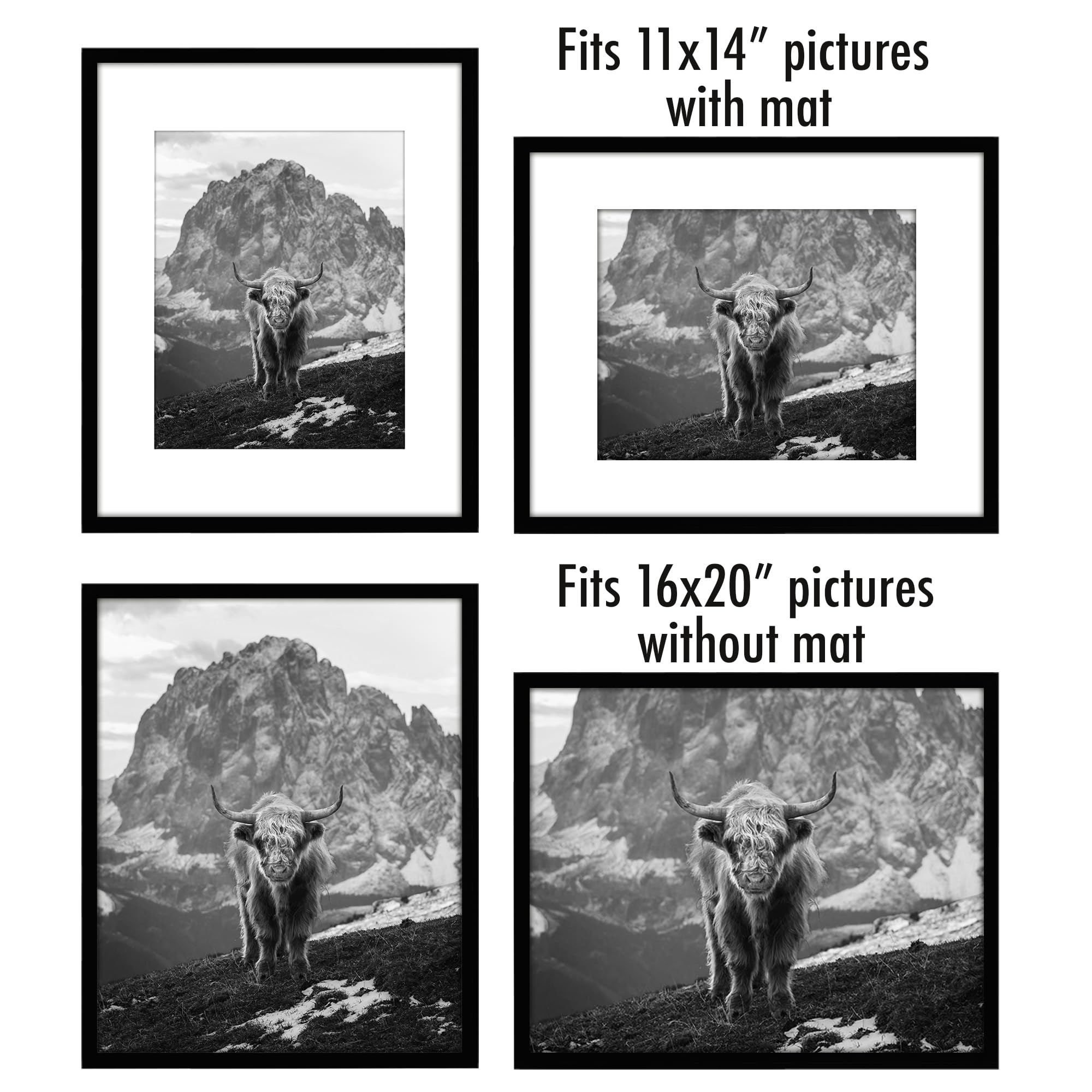 Americanflat 16x20 Picture Frame with Polished Plexiglass - Set of 5 - Use as 11x14 Frame with Mat or 16x20 Frame Without Mat - Galleria Collection - Gallery Wall Frame Set for Wall Display - Black