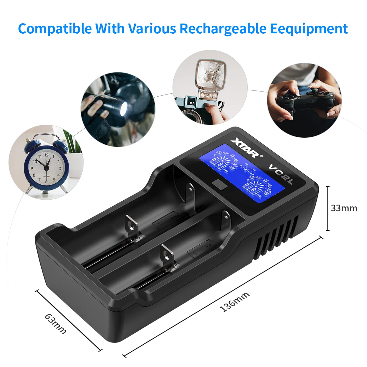 XTAR Universal Smart Battery Charger, 2 Slot, 3.7V Li-ion/Ni-MH/Ni-CD, 2.1A, LCD Display, 2 Hours Charge Time