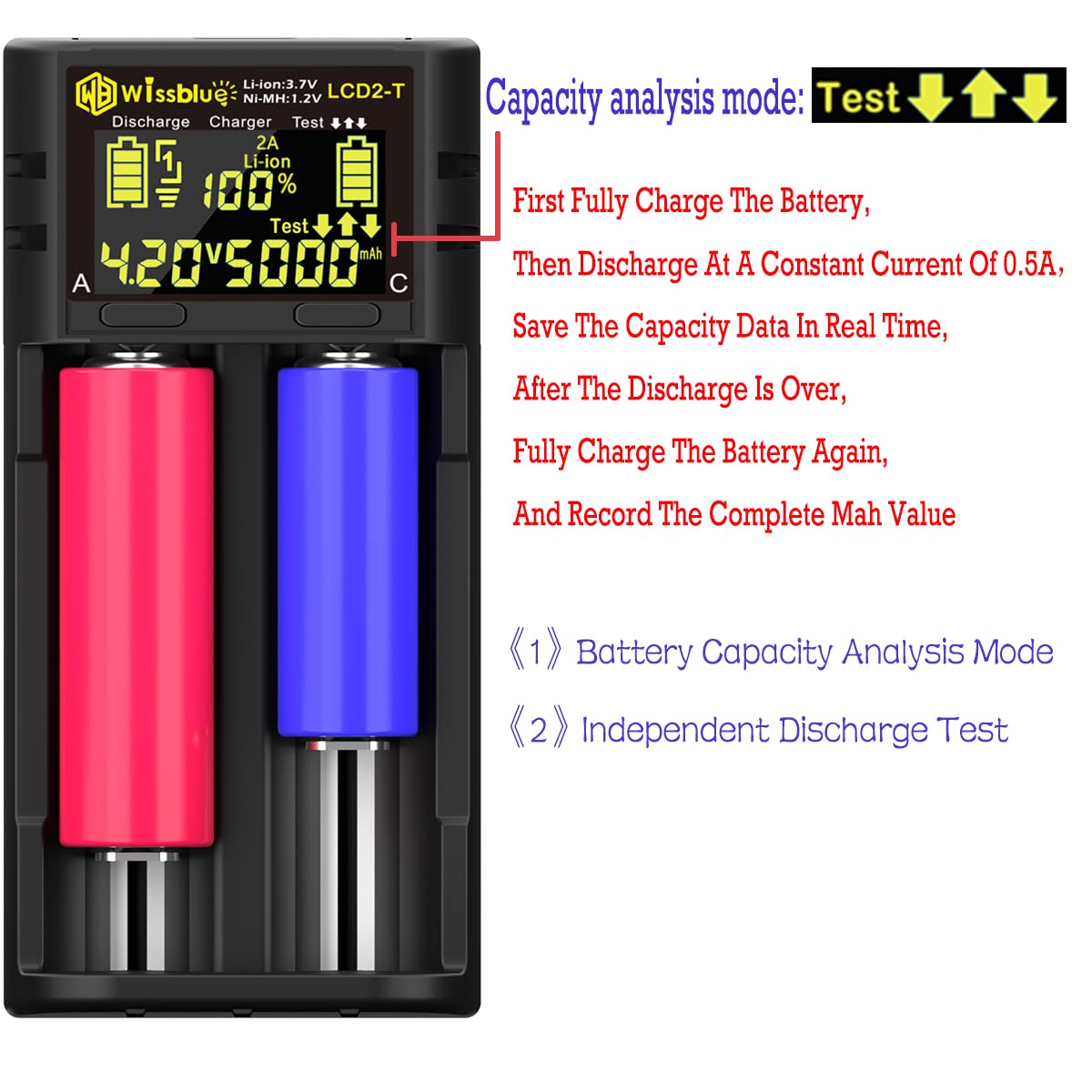 LCD2-T 18650 Battery Charger, LCD Screen Can Display Capacity, with Battery Capacity Tester, 2A Fast Charger Discharg 2bay, for 3.7v Rechargeable Lithium Battery and 1.2v Ni-Mh/Ni-Cd AA AAA Battery