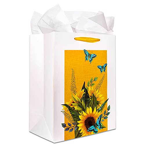 XJF 13in Large Sunflowers Gift Bag,Watercolor Flowers Gift Bag with Tissue Paper,Sunflowers Gift Bag for Birthdays,Mothers Day,Anniversary,Baby Shower,Bridal Shower,Yellow