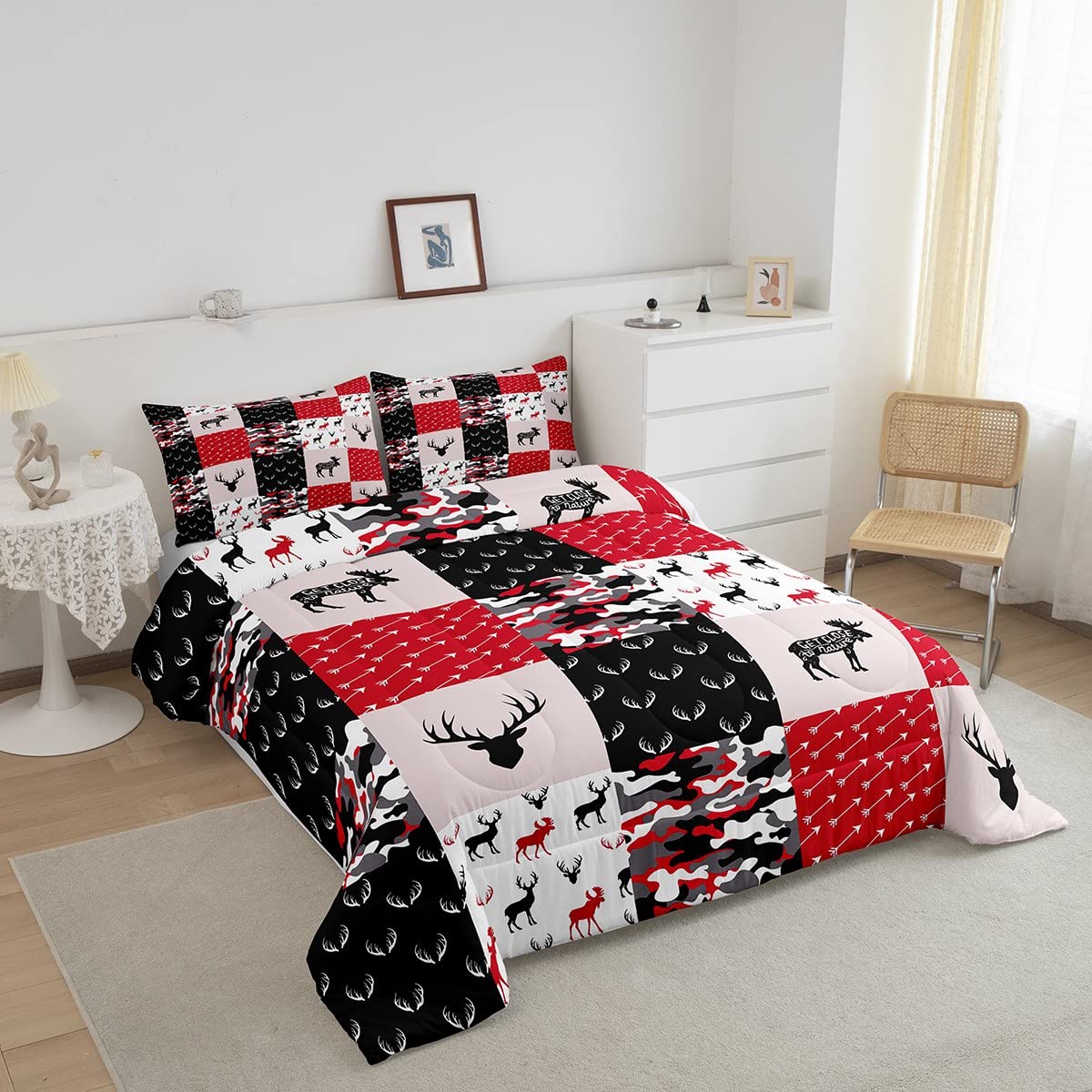 Erosebridal Boys Camo Comforter Set, Deer Silhouette Bedding Set Twin for Kids Teens Adult, Black White Red Camouflage Quilted Comforter Antlers Grid Checkered Down Comforter with 1 Pillow Case