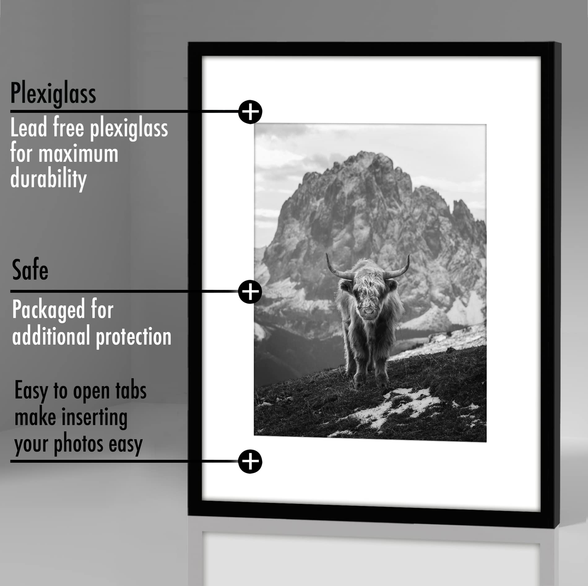 Americanflat 16x20 Picture Frame with Polished Plexiglass - Set of 5 - Use as 11x14 Frame with Mat or 16x20 Frame Without Mat - Galleria Collection - Gallery Wall Frame Set for Wall Display - Black