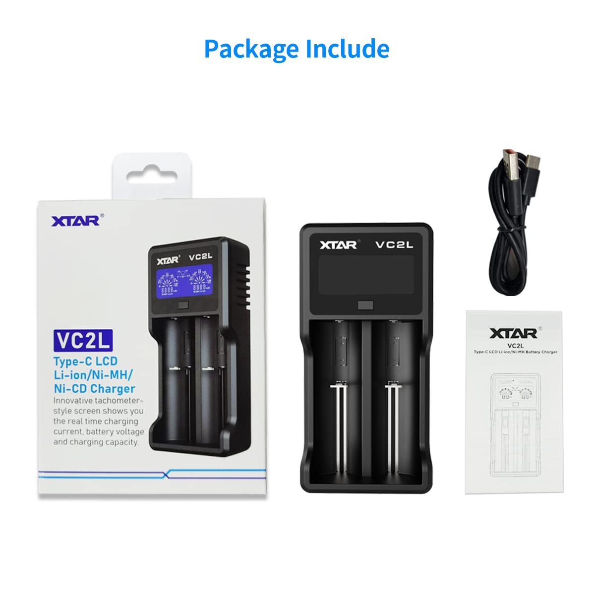XTAR Universal Smart Battery Charger, 2 Slot, 3.7V Li-ion/Ni-MH/Ni-CD, 2.1A, LCD Display, 2 Hours Charge Time