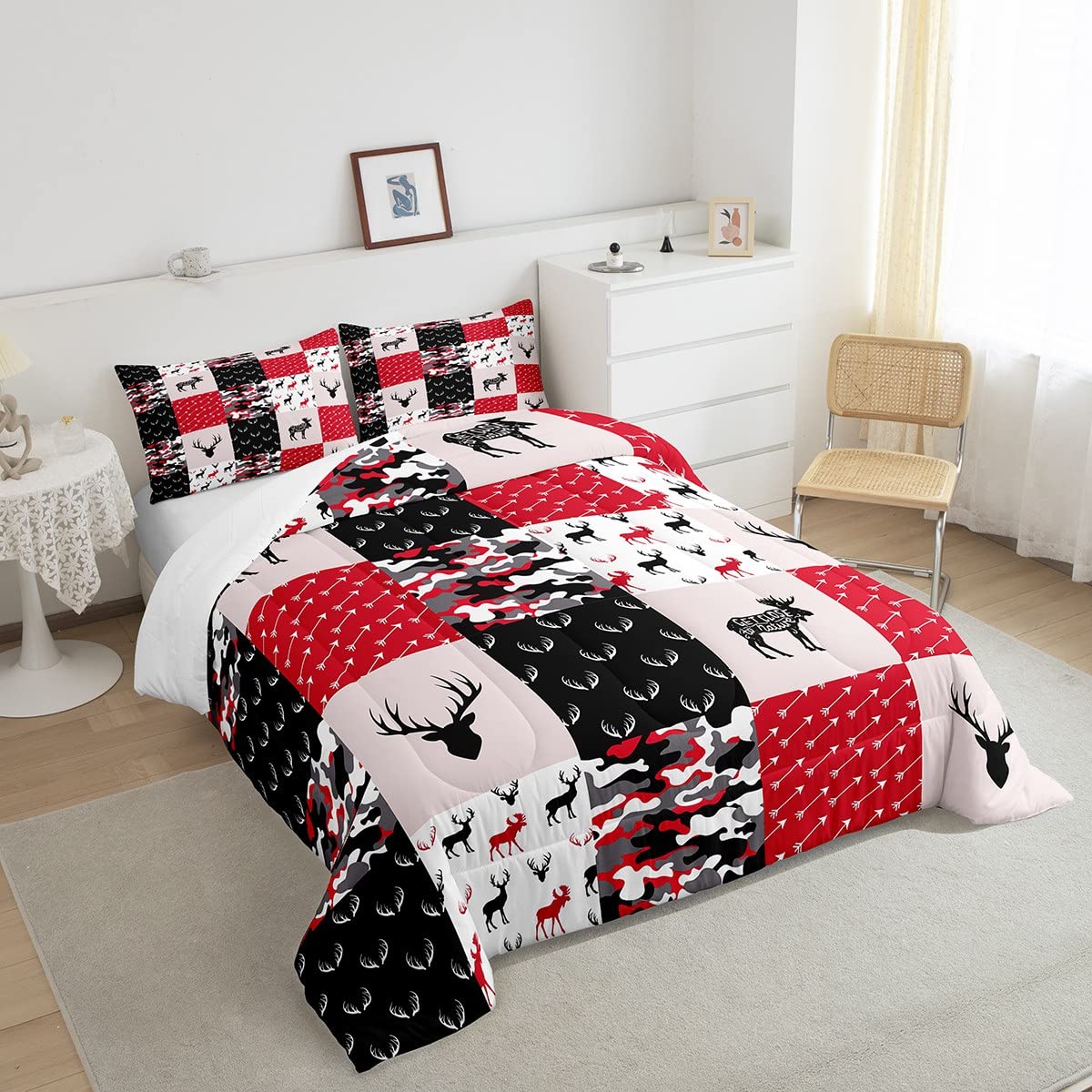 Erosebridal Boys Camo Comforter Set, Deer Silhouette Bedding Set Twin for Kids Teens Adult, Black White Red Camouflage Quilted Comforter Antlers Grid Checkered Down Comforter with 1 Pillow Case