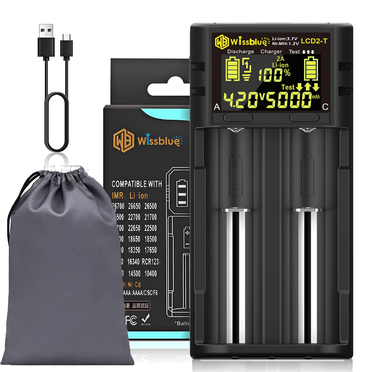 LCD2-T 18650 Battery Charger, LCD Screen Can Display Capacity, with Battery Capacity Tester, 2A Fast Charger Discharg 2bay, for 3.7v Rechargeable Lithium Battery and 1.2v Ni-Mh/Ni-Cd AA AAA Battery