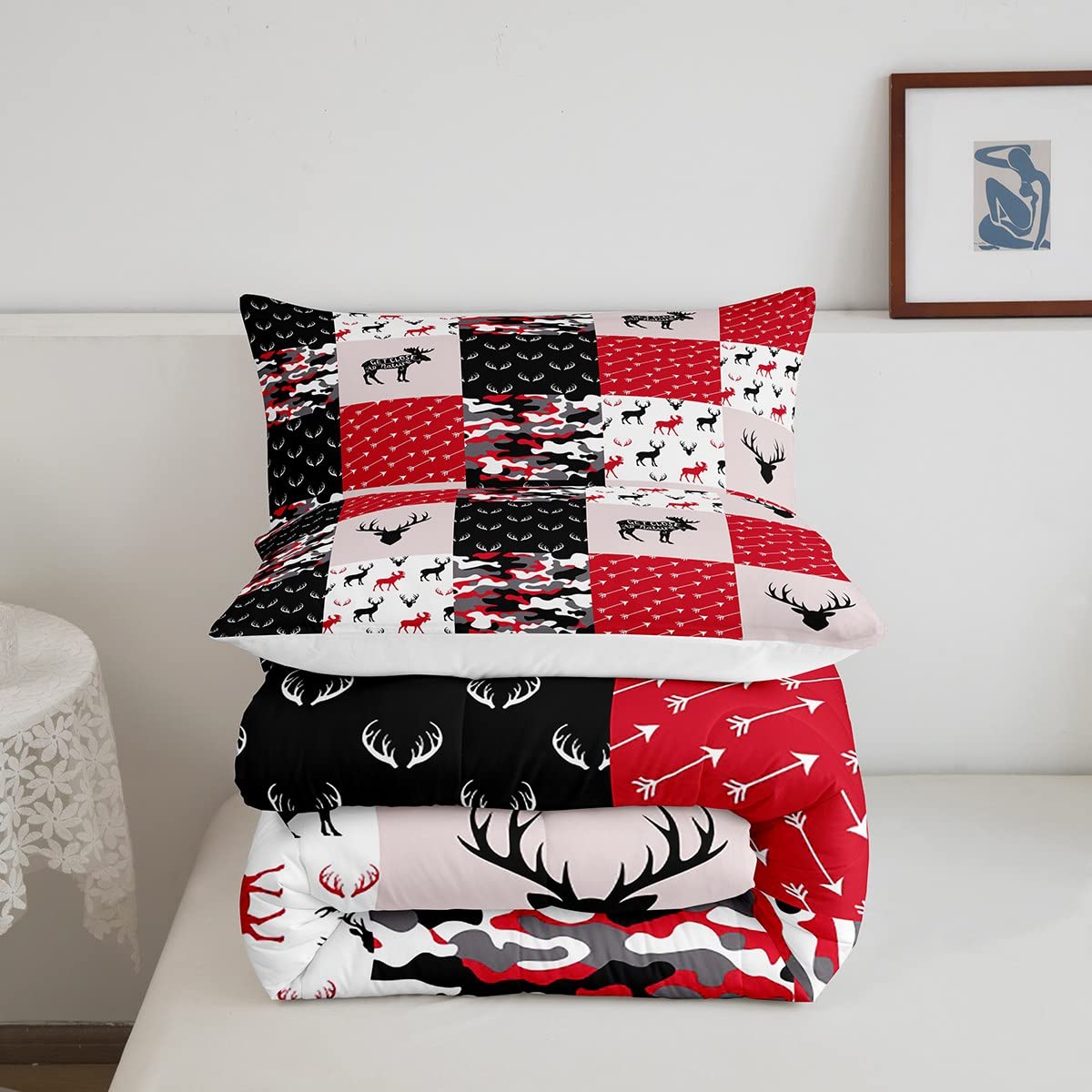 Erosebridal Boys Camo Comforter Set, Deer Silhouette Bedding Set Twin for Kids Teens Adult, Black White Red Camouflage Quilted Comforter Antlers Grid Checkered Down Comforter with 1 Pillow Case