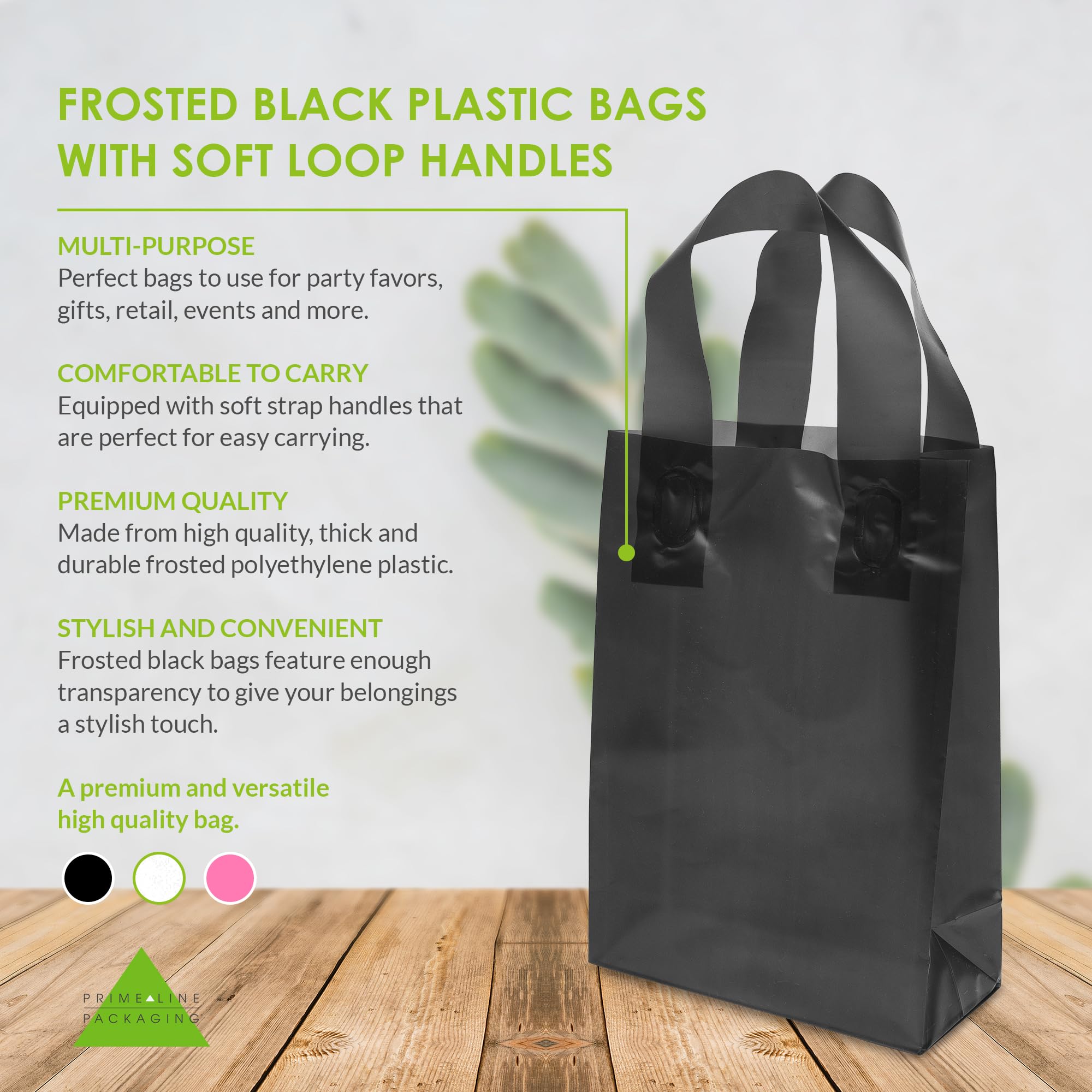 Prime Line Packaging Plastic Gift Bags with Handles, Shopping Tote for Small Business, Black Frosted, Retail, Boutiques, To Go, Party, 6x3x9 100 Pack