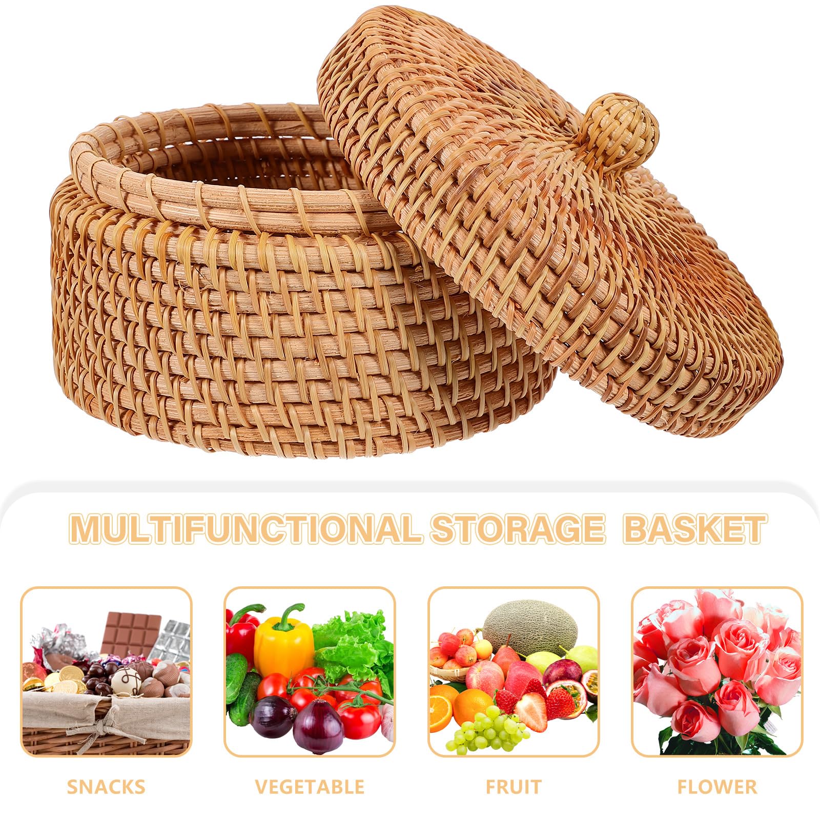 ULTNICE Round Rattan Storage Box with Lid - Hand Woven Rattan Basket for Desktop or Decorative Use