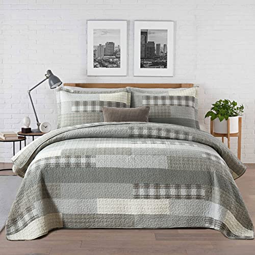 KALOOLA Grey Quilts Queen Size, 100% Cotton Queen Quilt Bedding Set, Farmhouse Rustic Striped Bedspreads, Lightweight Coverlet for All Seasons, 3 Pieces