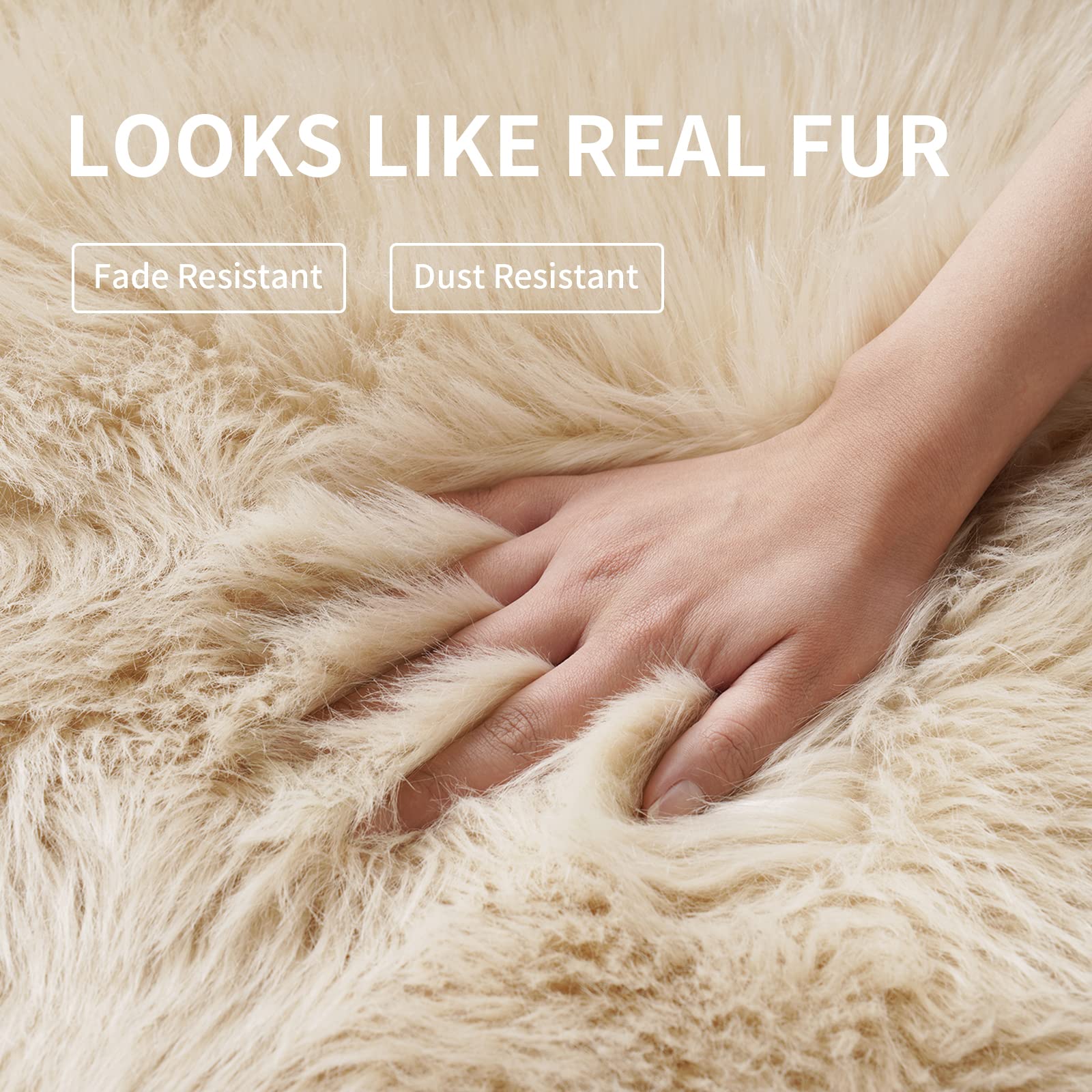 Small Faux Fur Rug 2x4 ft Ultra Soft Sheepskin Rug Chair Sofa Cover Seat Pad, Beige Fluffy Shag Rug for Bedroom Nursery Kids Room, Luxury Shaggy Rug Fuzzy Plush Floor Carpets