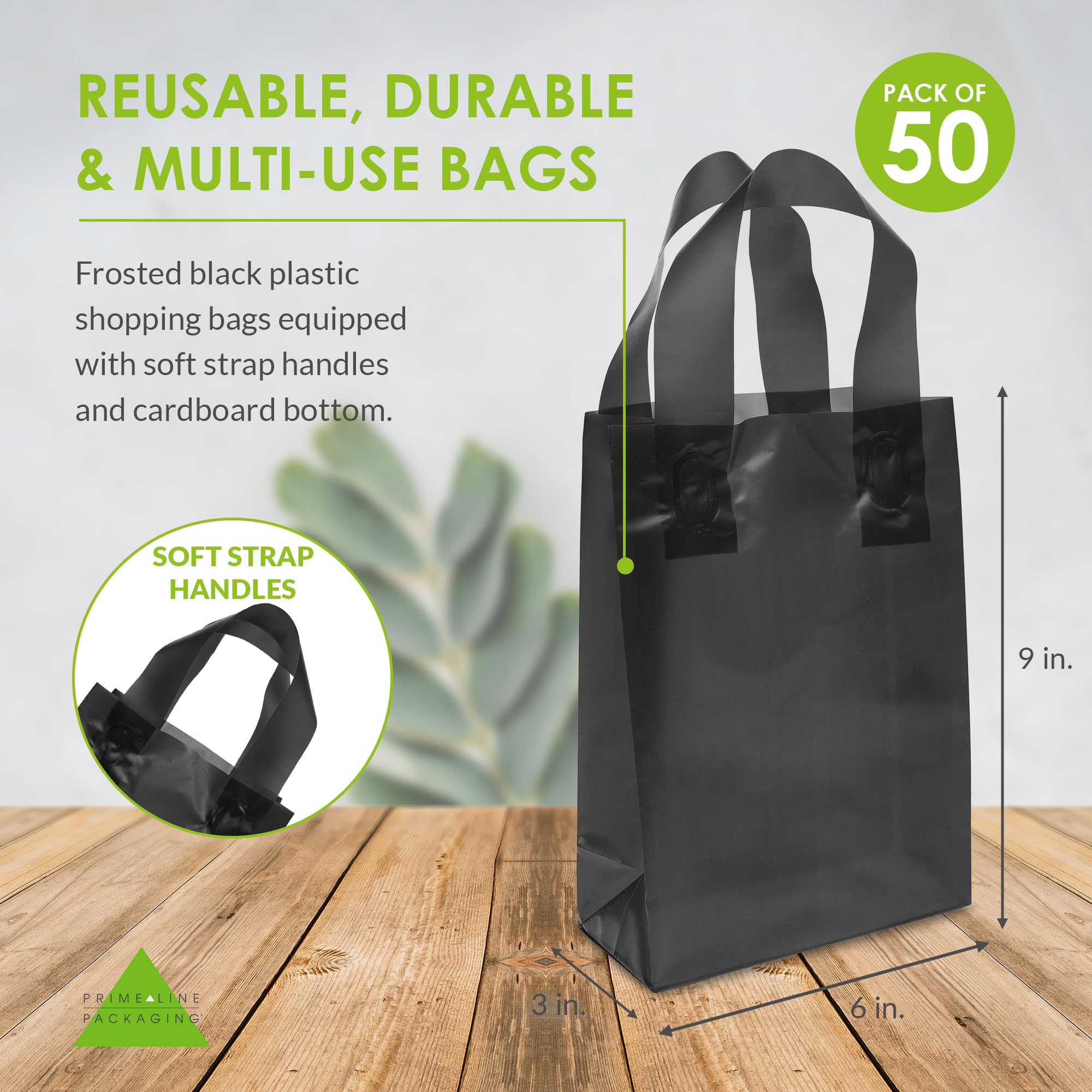 Prime Line Packaging Plastic Gift Bags with Handles, Shopping Tote for Small Business, Black Frosted, Retail, Boutiques, To Go, Party, 6x3x9 100 Pack