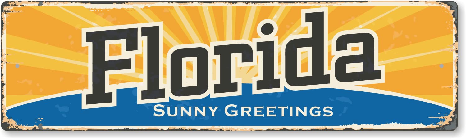 SmartSign 4 x 14 inch Florida State Vintage Metal Sign βSunny Greetingsβ, 40 mil Rustproof Aluminum with Clear Overcoat, Retro Wall DΓ©cor, Multicolor, Made in USA