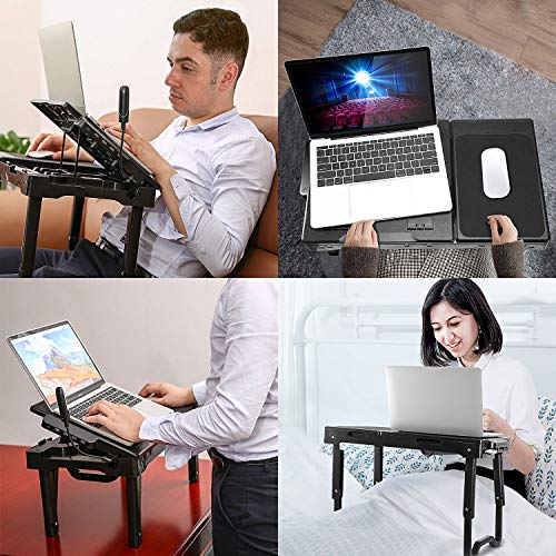 TeqHome Laptop Desk for Bed, Adjustable Laptop Bed Table with Fan, Portable Lap Desk with Foldable Legs, Laptop Stand for Couch Sofa Bed Tray with LED Light, 4 USB Ports, Storage, Mouse Pad