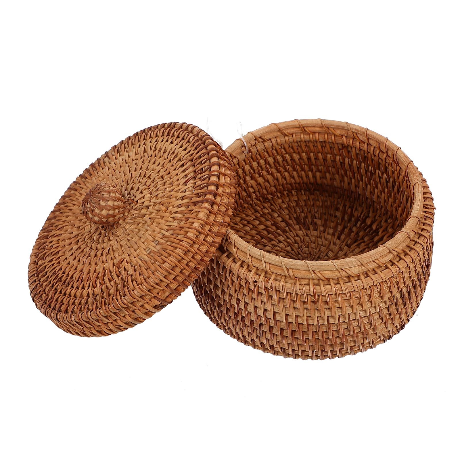 ULTNICE Round Rattan Storage Box with Lid - Hand Woven Rattan Basket for Desktop or Decorative Use