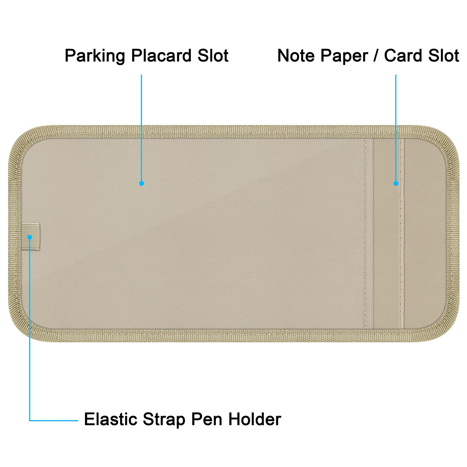 Handicap Placard Holder for Auto, Wisdompro Disabled Parking Permit Sign Protector for Car Sun Visor with Note Paper Slot, Pen Holder and Elastic Strap - Khaki