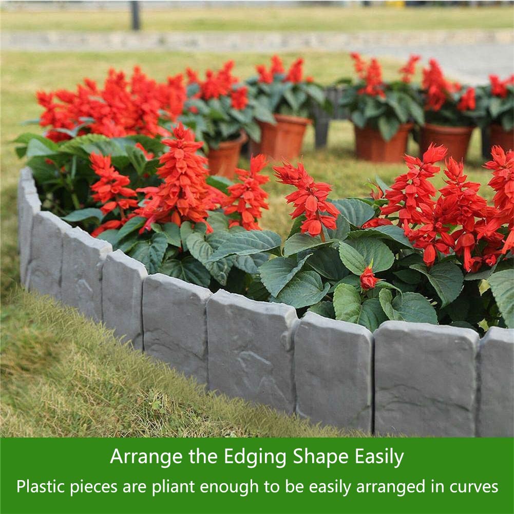 10 Pcs Garden Border Grey Stone Effect Lawn Edging Plastic Plant Fence Plastic Hammer in Plant Lawn Border Support Structures for Flower Bed Grass Bordering