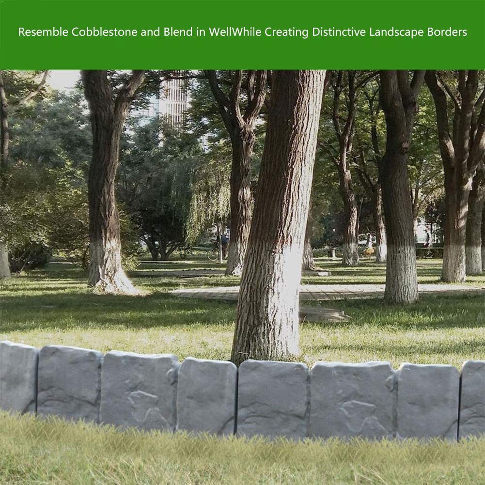 10 Pcs Garden Border Grey Stone Effect Lawn Edging Plastic Plant Fence Plastic Hammer in Plant Lawn Border Support Structures for Flower Bed Grass Bordering