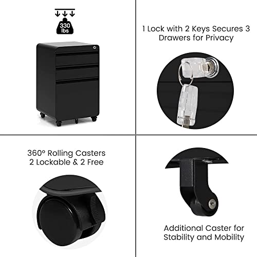 YOLEO 3 Drawer File Cabinet, Metal Filing Cabinets with Lock Wheels & Hanging Rail for A4/Legal/Letter File, Anti-tilt Under Desk Design, Lockable Rolling Mobile File Cabinet for Home Office (Black)