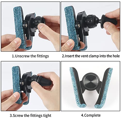 Amiss Bling Cell Phone Holder, Universal 360°Adjustable Car Phone Mount with One More Air Vent Base, Crystal Car Interior Decoration, for Dashboard and Air Vent - Pale Blue