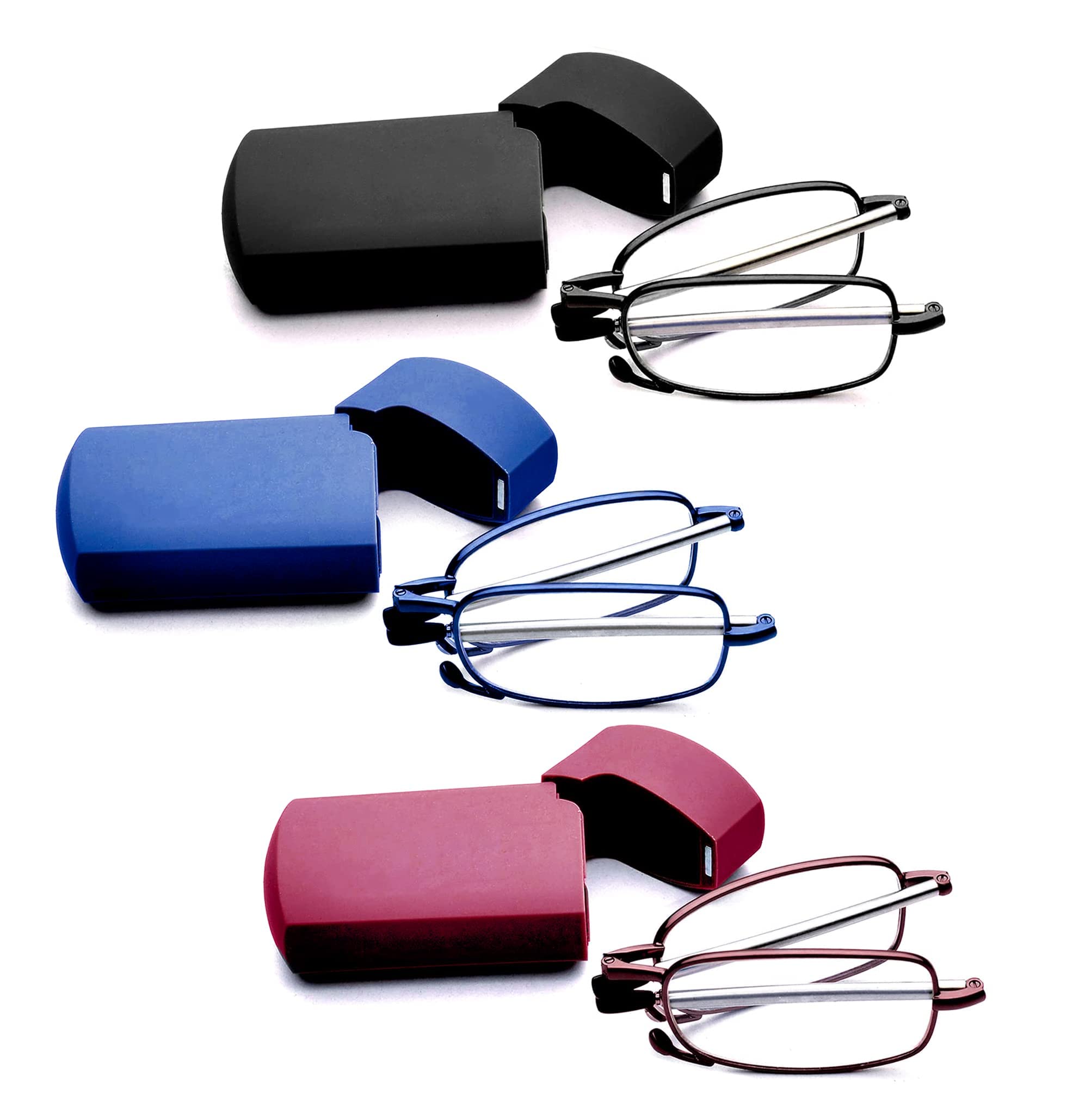 GOOSEN 3-Pack Reading Glasses Men Women, Pocket Wallet Purse Compact Hard Cases Folding Readers, Blue light Glasses Spring Hinge 2.0 x