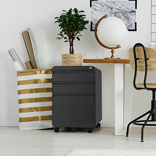 YOLEO 3 Drawer File Cabinet, Metal Filing Cabinets with Lock Wheels & Hanging Rail for A4/Legal/Letter File, Anti-tilt Under Desk Design, Lockable Rolling Mobile File Cabinet for Home Office (Black)