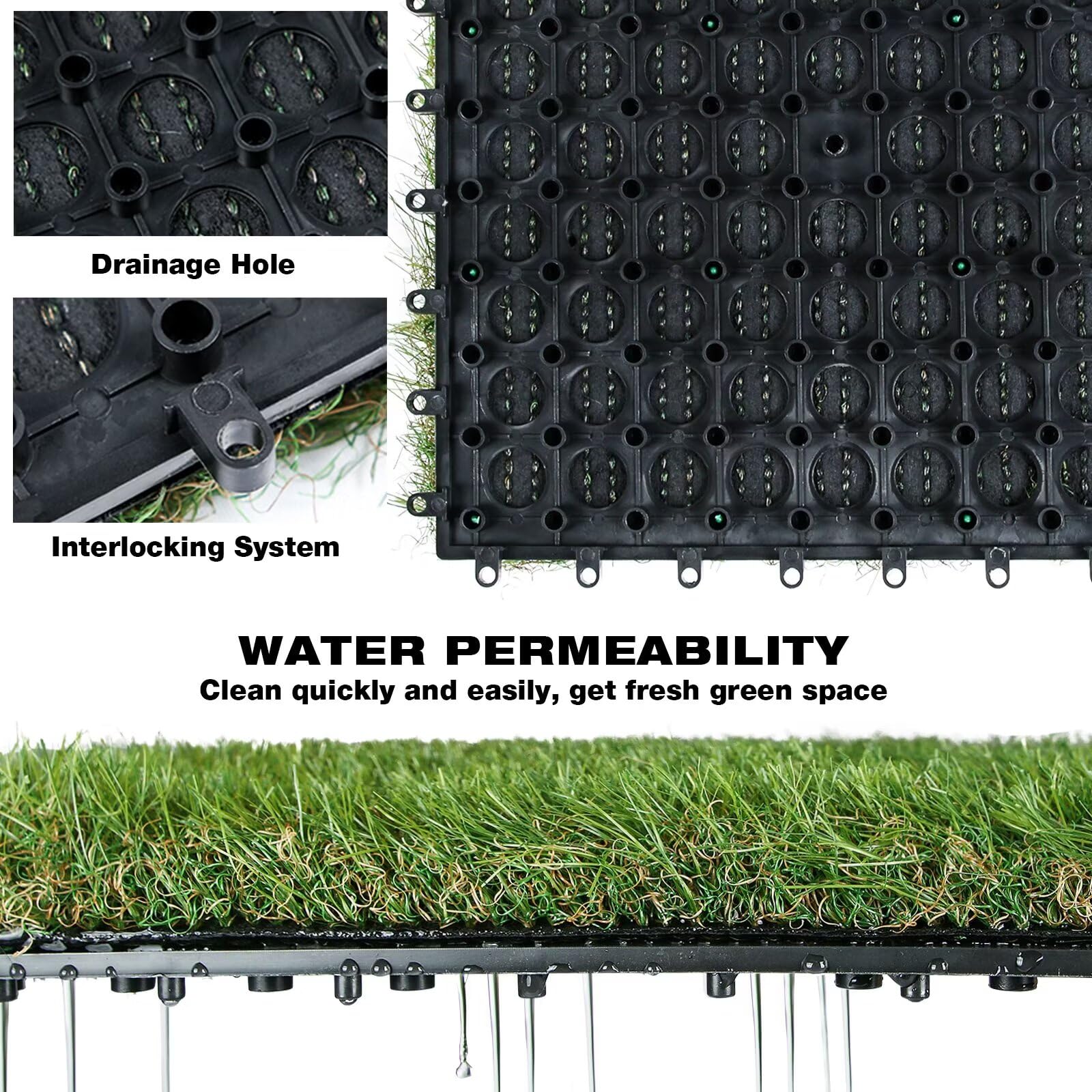 XLX TURF Artificial Grass Turf Tiles Interlocking Set 6 Pieces, Square Fake Grass Tiles Self-draining for Pet Indoor/Outdoor Flooring Decor, 12"x12", 8 Buckle Systerm