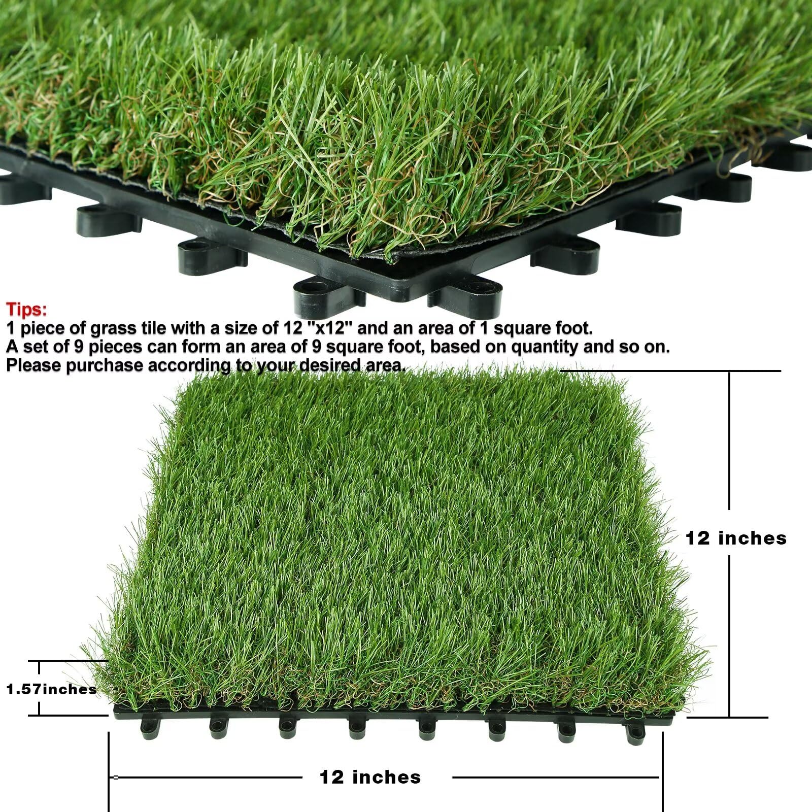 XLX TURF Artificial Grass Turf Tiles Interlocking Set 6 Pieces, Square Fake Grass Tiles Self-draining for Pet Indoor/Outdoor Flooring Decor, 12"x12", 8 Buckle Systerm
