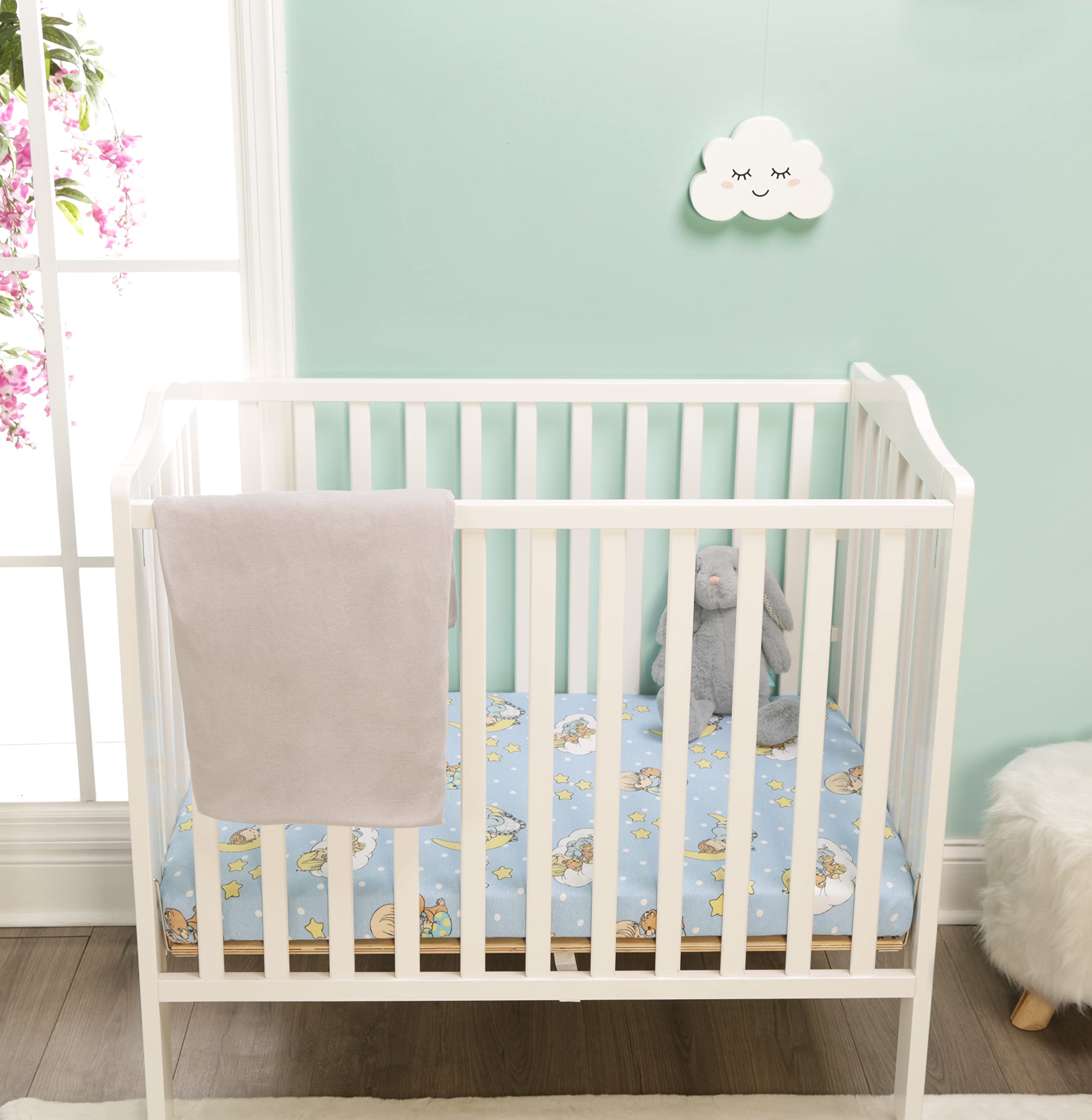 2 Pack n Play Mattress Sheets – 100% Jersey Knit Cotton Soft Portable Crib Mattress Sheet for Boys with Blue and Yellow Precious Moments Design; 2 Pk Playpen Mattress or Mini Crib Fitted Sheet Set
