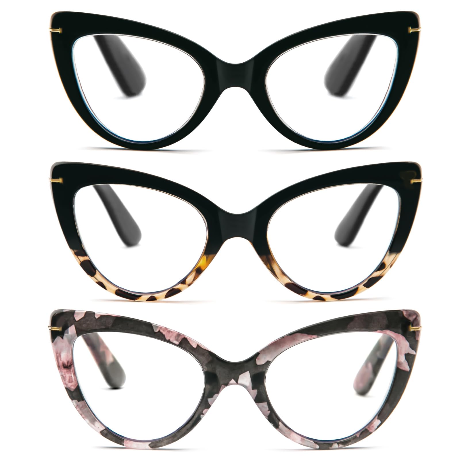 DXYXYO 3 Pack Retro Computer Glasses for Women Oversized Cat Eye Blue Light Blocking Readers Non Prescription Vintage Fashion Eyeglasses
