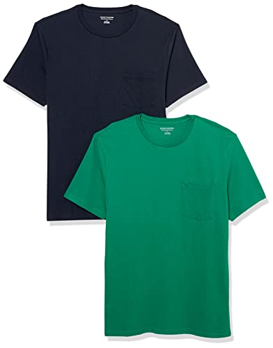 Amazon Essentials Men's T-Shirts, Short-Sleeve Crewneck Pocket, Cotton, 2-Pack, Large, Navy/Green