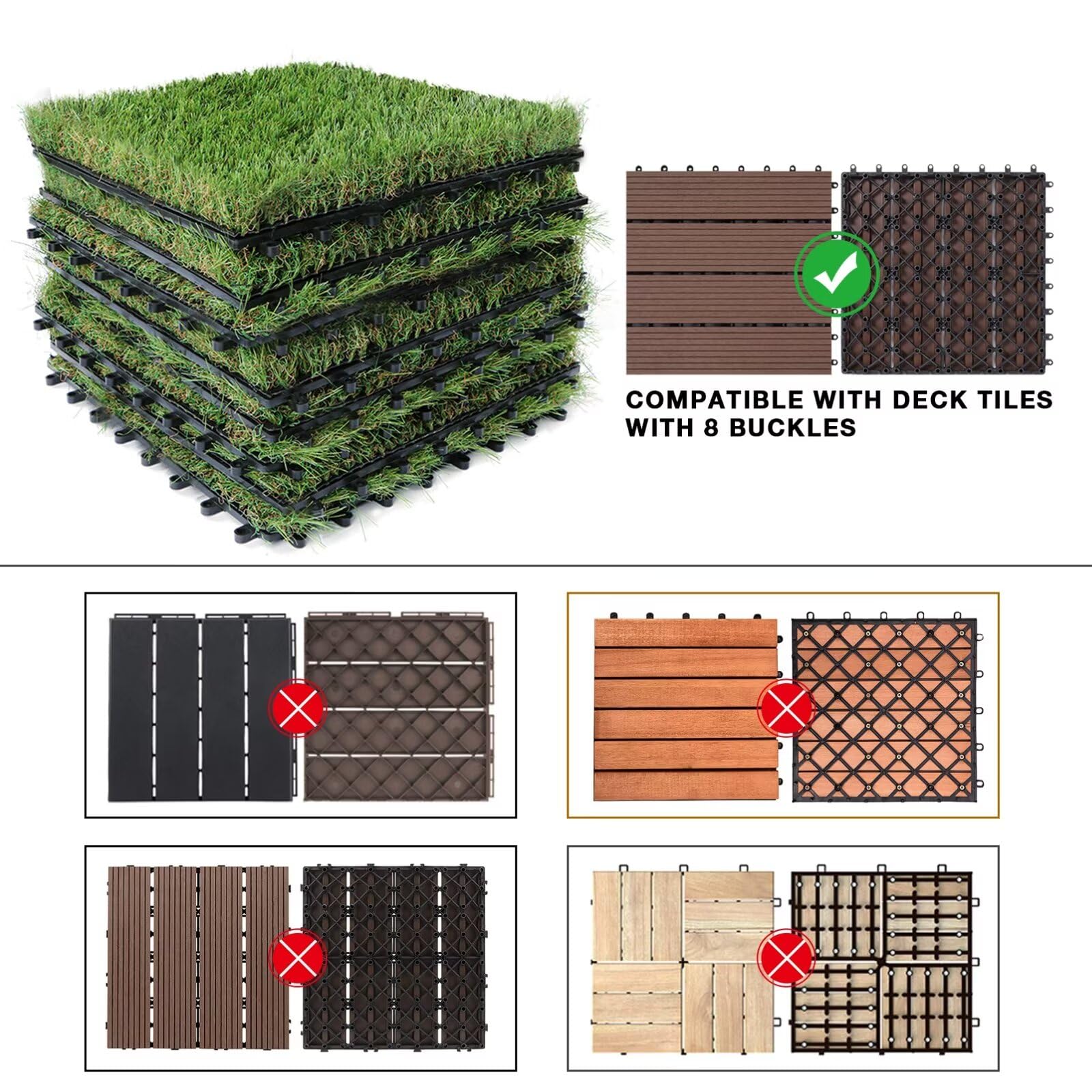 XLX TURF Artificial Grass Turf Tiles Interlocking Set 6 Pieces, Square Fake Grass Tiles Self-draining for Pet Indoor/Outdoor Flooring Decor, 12"x12", 8 Buckle Systerm