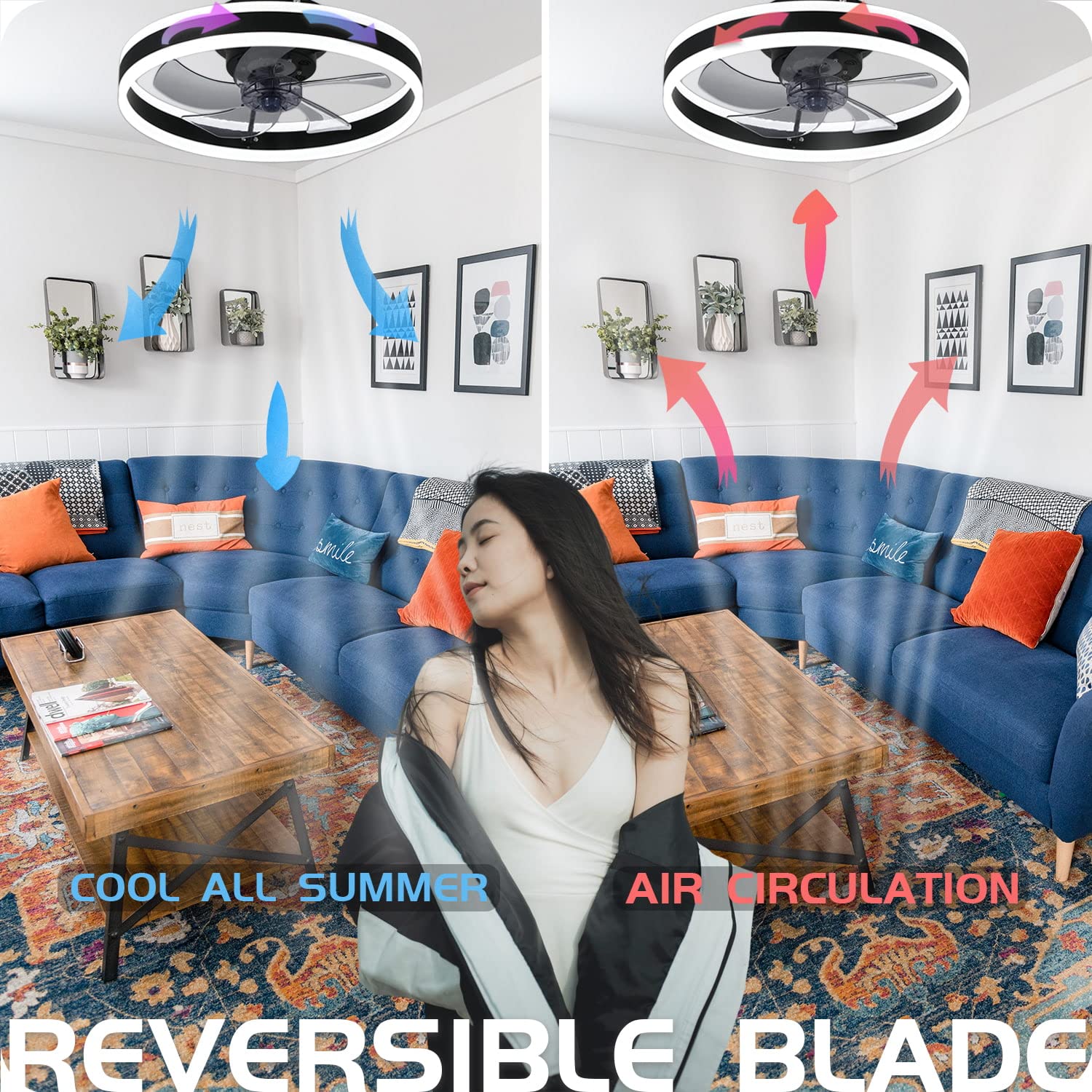DewShrimp Flush Mount Ceiling Fan with Lights - Bladeless, Bluetooth Speaker, App & Remote Control, Quiet, Low Profile, LED, Stepless Dimming, 3 Colors, 6 Speeds, Reversible, 19.7in