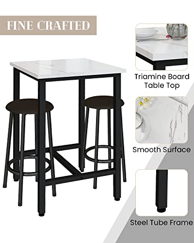 DKLGG 3-Pieces Bar Table and Chairs Set, Kitchen Dining Bar Height Table with 2 Bar Stools, Modern Bistro Pub Table Breakfast Square Bar Table Small Space for Kitchen, Living Room, Party Room, White