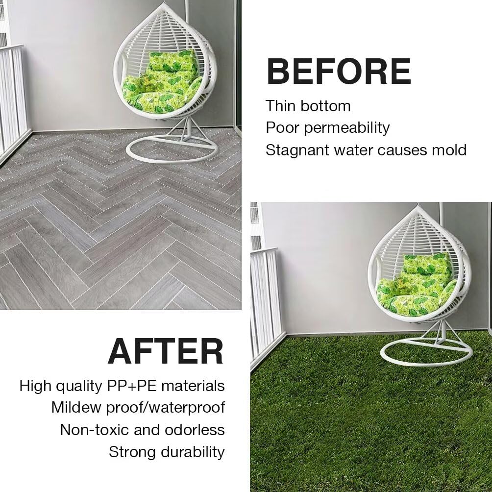XLX TURF Artificial Grass Turf Tiles Interlocking Set 6 Pieces, Square Fake Grass Tiles Self-draining for Pet Indoor/Outdoor Flooring Decor, 12"x12", 8 Buckle Systerm