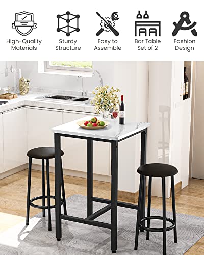 DKLGG 3-Pieces Bar Table and Chairs Set, Kitchen Dining Bar Height Table with 2 Bar Stools, Modern Bistro Pub Table Breakfast Square Bar Table Small Space for Kitchen, Living Room, Party Room, White