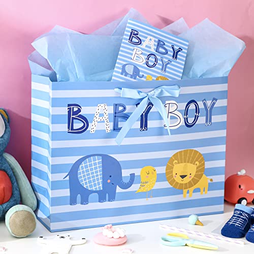 Loveinside Baby Boy Gift Bag with Tissue Paper and Greeting Card for Baby Shower, New Parents, and More - 16.5" x 12.6" x 5.7", 1 Pcs