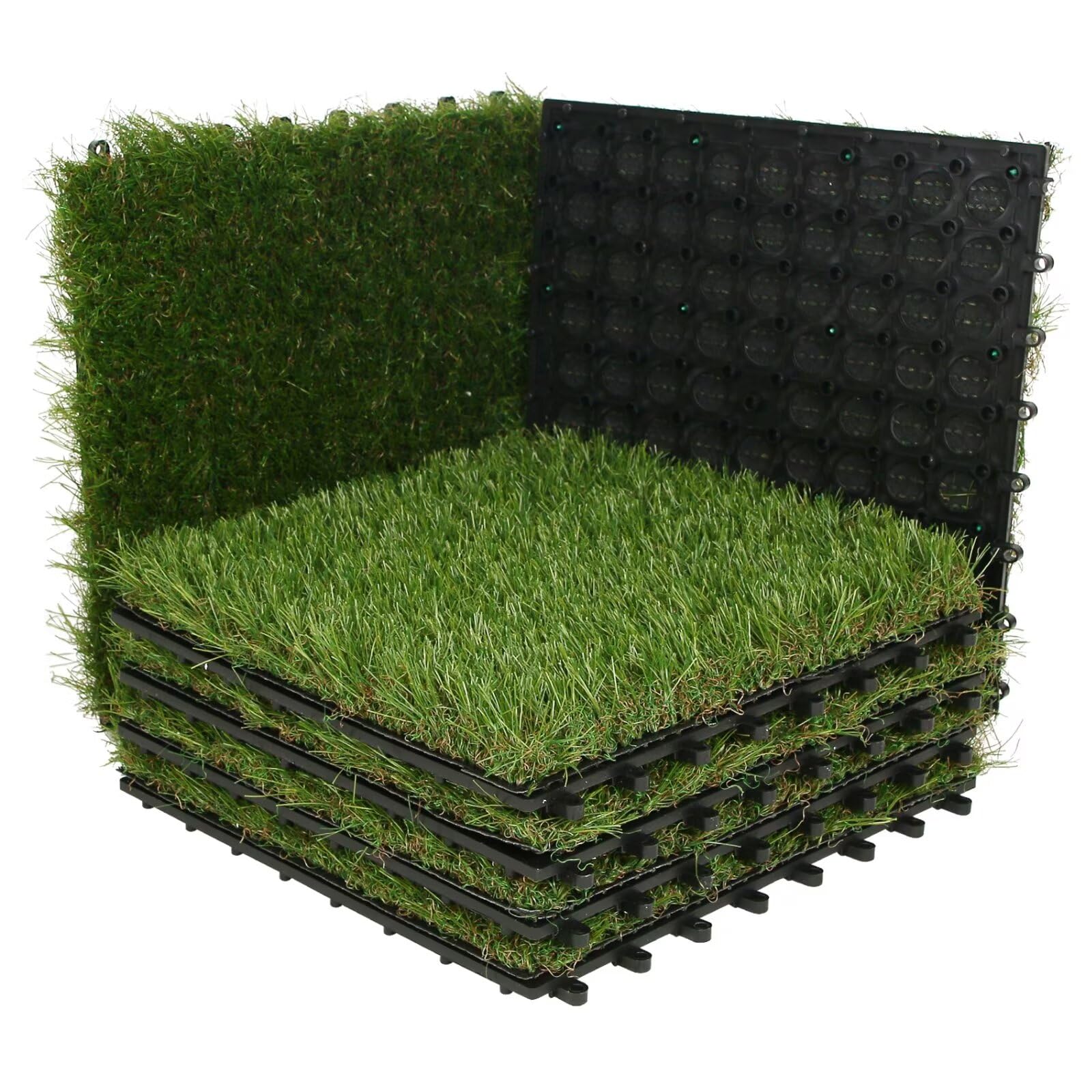 XLX TURF Artificial Grass Turf Tiles Interlocking Set 6 Pieces, Square Fake Grass Tiles Self-draining for Pet Indoor/Outdoor Flooring Decor, 12"x12", 8 Buckle Systerm