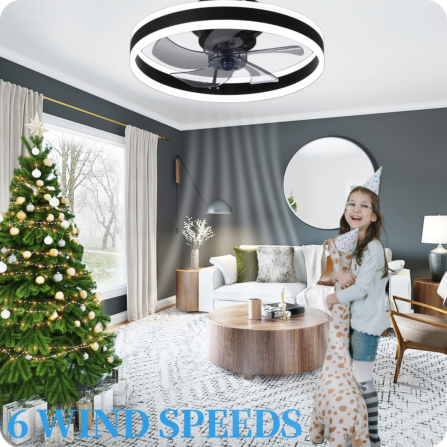 DewShrimp Flush Mount Ceiling Fan with Lights - Bladeless, Bluetooth Speaker, App & Remote Control, Quiet, Low Profile, LED, Stepless Dimming, 3 Colors, 6 Speeds, Reversible, 19.7in