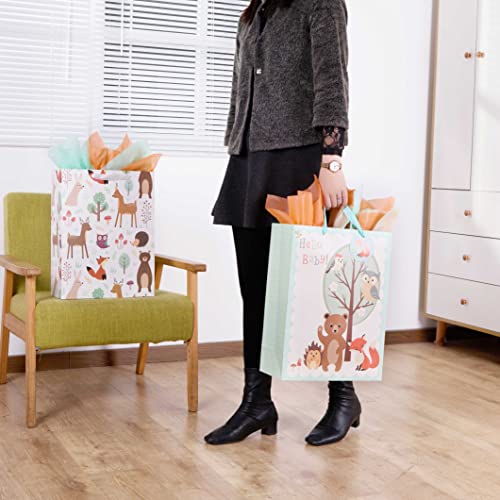 SUNCOLOR 16.5" Extra Large Gift Bags for Baby Shower with Tissue Paper(2 Pack, Hello Baby!)