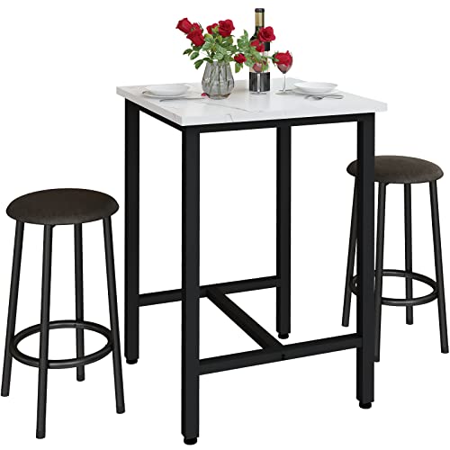 DKLGG 3-Pieces Bar Table and Chairs Set, Kitchen Dining Bar Height Table with 2 Bar Stools, Modern Bistro Pub Table Breakfast Square Bar Table Small Space for Kitchen, Living Room, Party Room, White