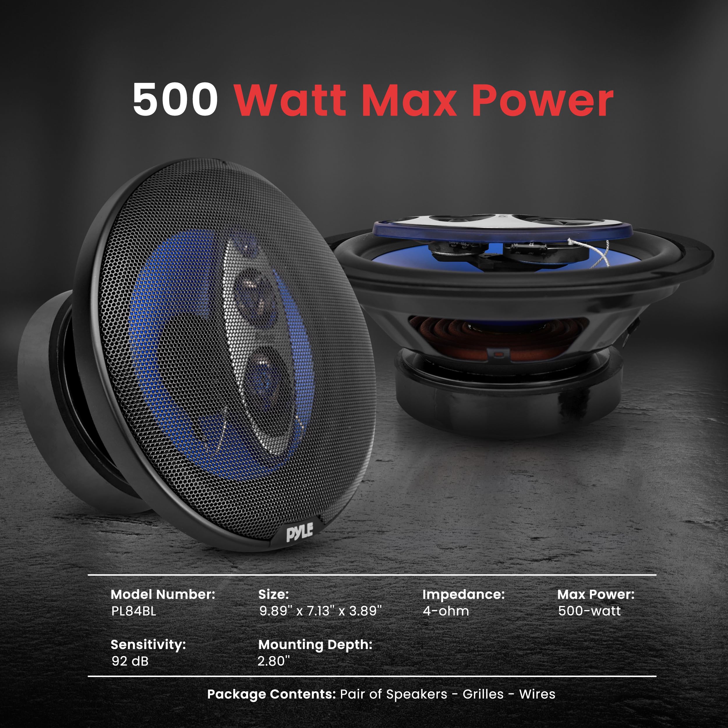 Pyle Four-Way Sound Speaker System - 8" Four-Way Quadriaxial Loud Audio, Non-fatiguing Butyl Rubber Surround, 500W w/ 4 Ohm Impedance and 3/4" Piezo Tweeter for Car Component Stereo PL84BL (Pair)