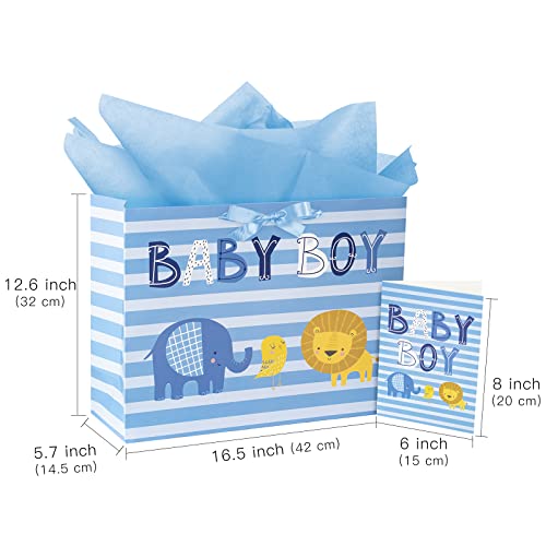 Loveinside Baby Boy Gift Bag with Tissue Paper and Greeting Card for Baby Shower, New Parents, and More - 16.5" x 12.6" x 5.7", 1 Pcs