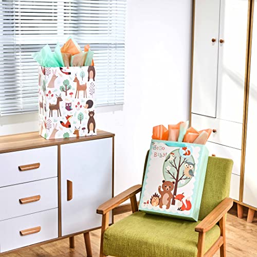 SUNCOLOR 16.5" Extra Large Gift Bags for Baby Shower with Tissue Paper(2 Pack, Hello Baby!)