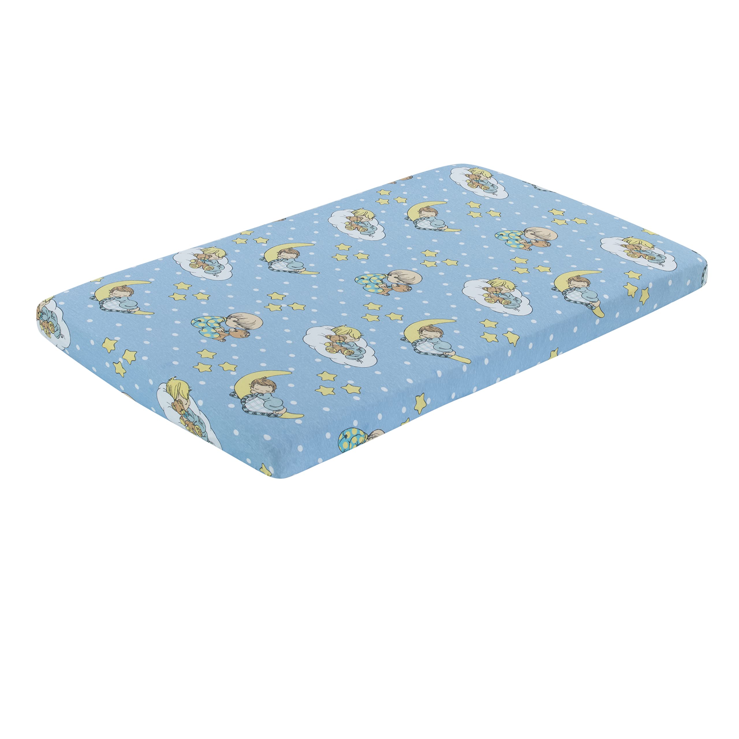 2 Pack n Play Mattress Sheets – 100% Jersey Knit Cotton Soft Portable Crib Mattress Sheet for Boys with Blue and Yellow Precious Moments Design; 2 Pk Playpen Mattress or Mini Crib Fitted Sheet Set