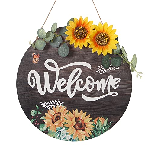 Sunflower Welcome Sign Sunflower Door Sign 12 x 12 Inches Sunflower Front Door Decor Rustic Farmhouse Porch Decoration Round Wooden Hanging Sign for Home, Restaurant, Shop (sunflower1)
