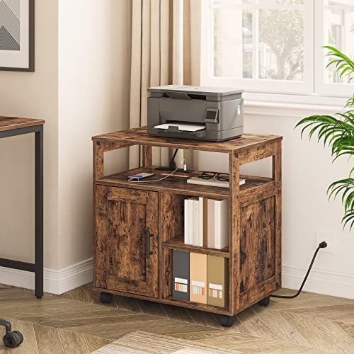 HOOBRO Printer Stand with Charging Station, Rolling Wood Storage Cabinet on Wheels, Printer Cart Table on Wheels for Home Office Rustic Brown FG60UPS01