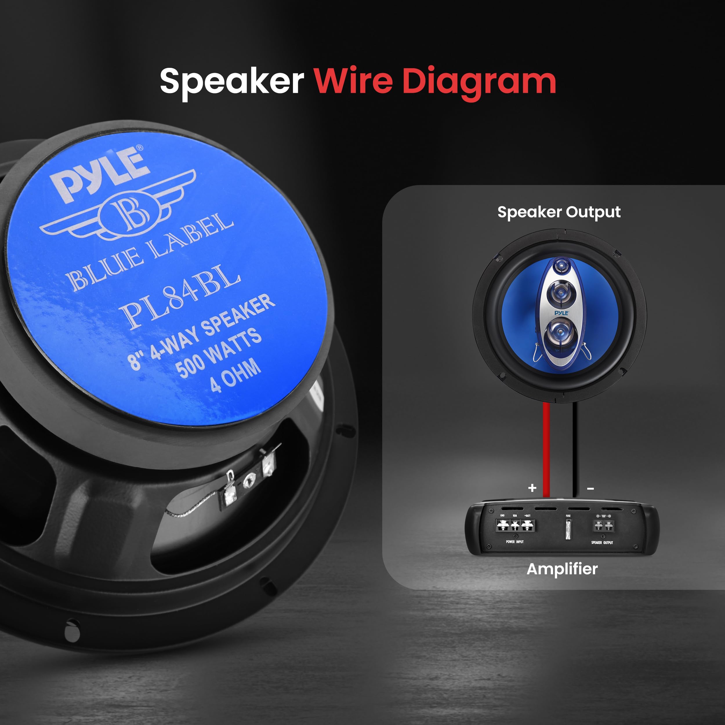 Pyle Four-Way Sound Speaker System - 8" Four-Way Quadriaxial Loud Audio, Non-fatiguing Butyl Rubber Surround, 500W w/ 4 Ohm Impedance and 3/4" Piezo Tweeter for Car Component Stereo PL84BL (Pair)